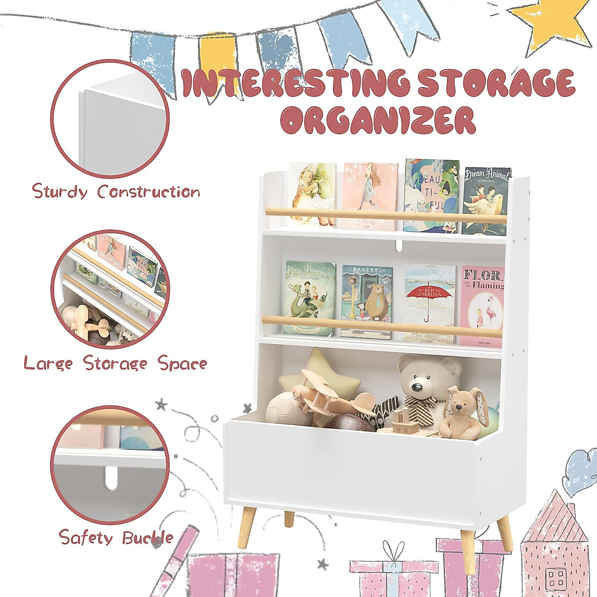 BAOMKONG Kids Bookshelf, Children's Book and Toy Display Rack, Toy Storage Cabinet Organizer for Children's Room, Playroom, Nursery, White