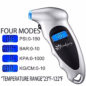 PINKJOY Digital Tire Pressure Gauge 150 PSI, 4 Settings, Tire Gauge for Car, Truck, Motorcycle, Bicycle with Backlit LCD and Non-Slip Grip (Silver)