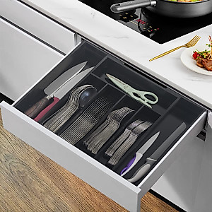 KMYC Silverware Utensil Organizer For Kitchen Drawers,Flatware Cutlery Collection Tray,Bamboo Kitchen Drawer Foldable And Expandable（Black）