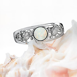 Sterling Silver Opal Two Sea Turtles Tapered Wedding Ring Eternity Band for Women, Hawaiian Island Tropical Ocean Jewelry Gemstone, Gift Box Included (White Opal, 8)