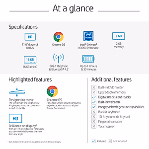 HP Chromebook 11-Inch Laptop, Intel Celeron N3060 Processor, 2 GB SDRAM, 16 GB eMMC Storage, Chrome OS (11-v000nr, Ash Gray)