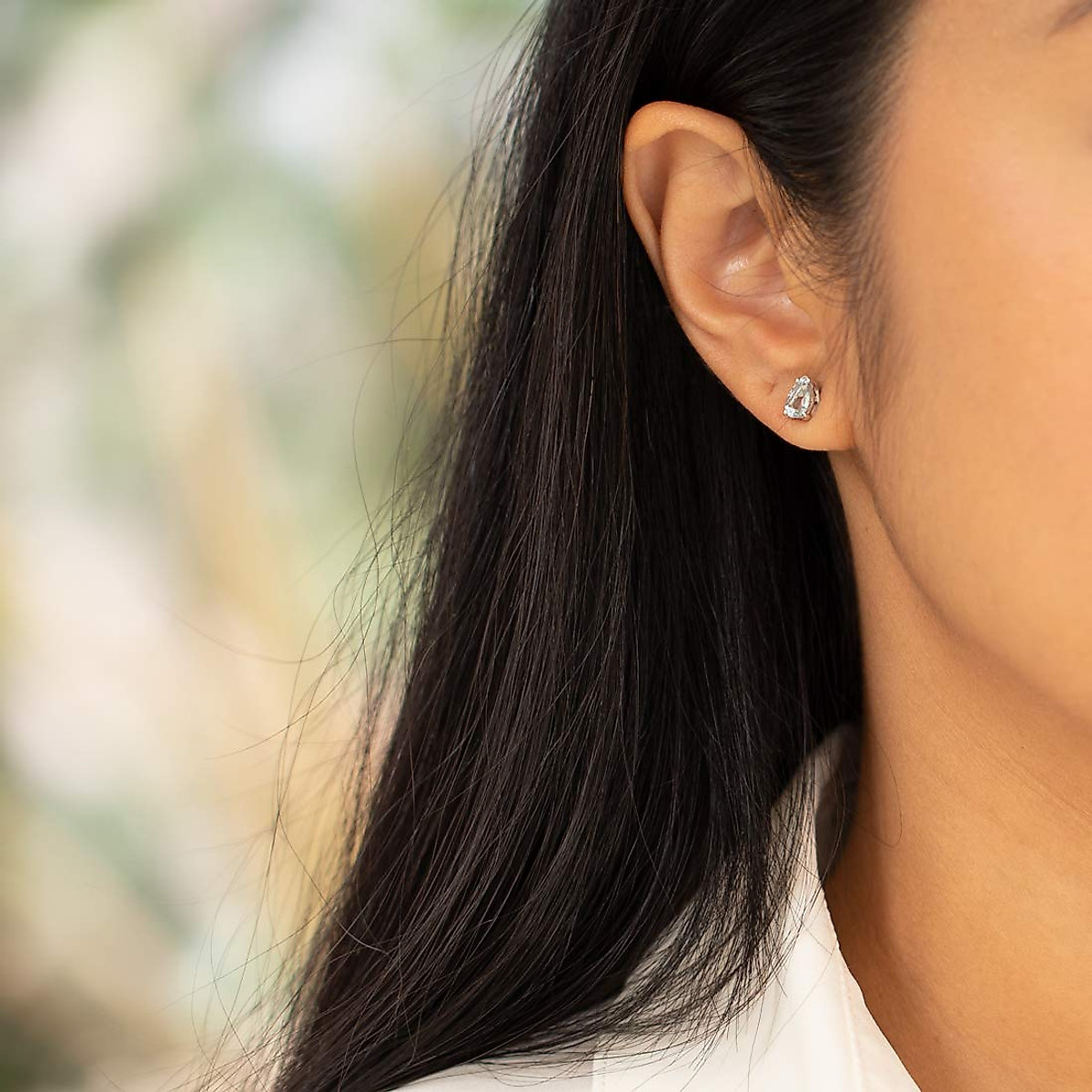 Peora 14K Yellow Gold Aquamarine Earrings for Women, Genuine Gemstone Solitaire Studs, 7x5mm Pear Shape, 1 Carat total, Friction Back