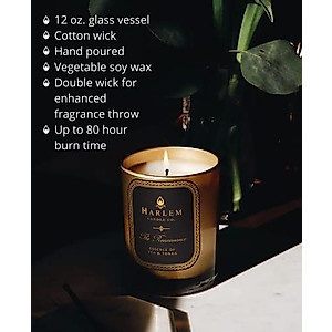 Harlem Candle Company Renaissance Luxury Scented Candle in Gold 12 oz Glass Jar, Single Wick, Handpoured Soy Wax, Gift Box, Scents of Yuzu, Cardamom, Tonka Bean, Heliotrope and Orchid Blossoms