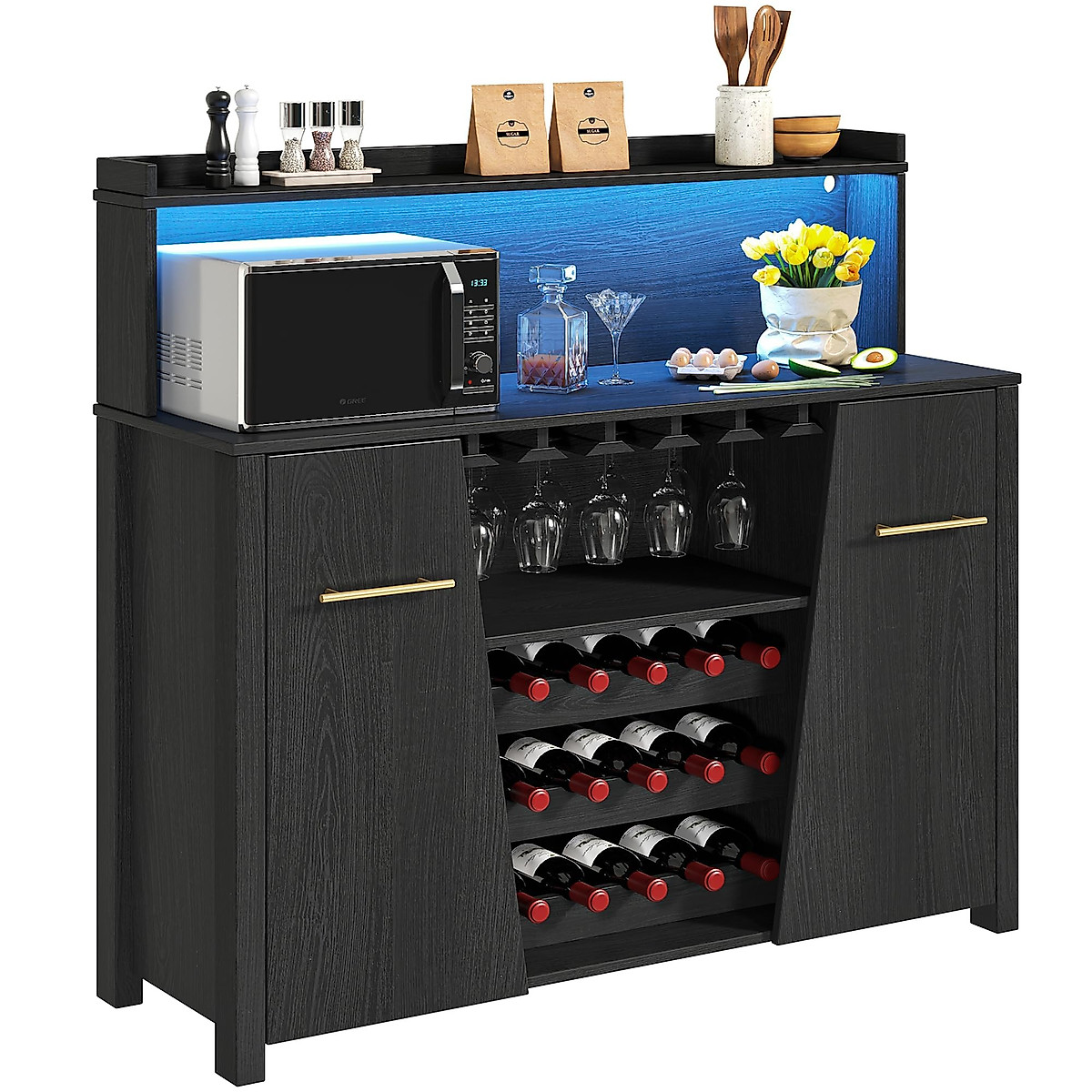 DWVO Bar Cabinet with LED Lights, 47'' Sideboard Buffet Coffee Bar Cabinet with Wine Rack and Glass Holder, Liquor Cabinet with Adjustable Shelf for Living Room, Kitchen, Dining Room, Black