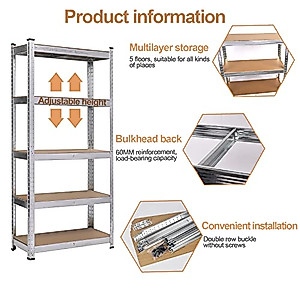 Timati Heavy Duty 5-Tier Adjustable Metal Shelving Unit Utility Rack Shelves,Reversible Metal Storage Shelving with Foot Pads for Warehouse, Basement, Kitchen- Silver