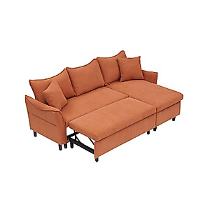 FHUKMZOI 80" Corduroy L-Shaped Convertible Sectional Couches Sofa with Reversible Storage Chaise, Pull-Out Sleeper Sofa Bed with Throw Pillows for Living Room, Office, Apartment (Orange)