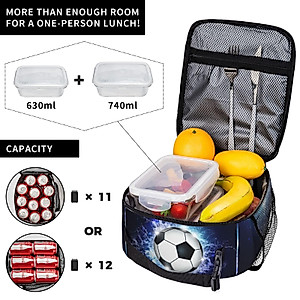 YIJIUWKIS Sports Lunch Box with Soccer Pattern Print, Blue Insulated Lunch Bag for Kids Teens Boys Girls, Reusable Lunch Bag Ice Packs Containers Tote Handbag with Water Bottle Holder and Handle