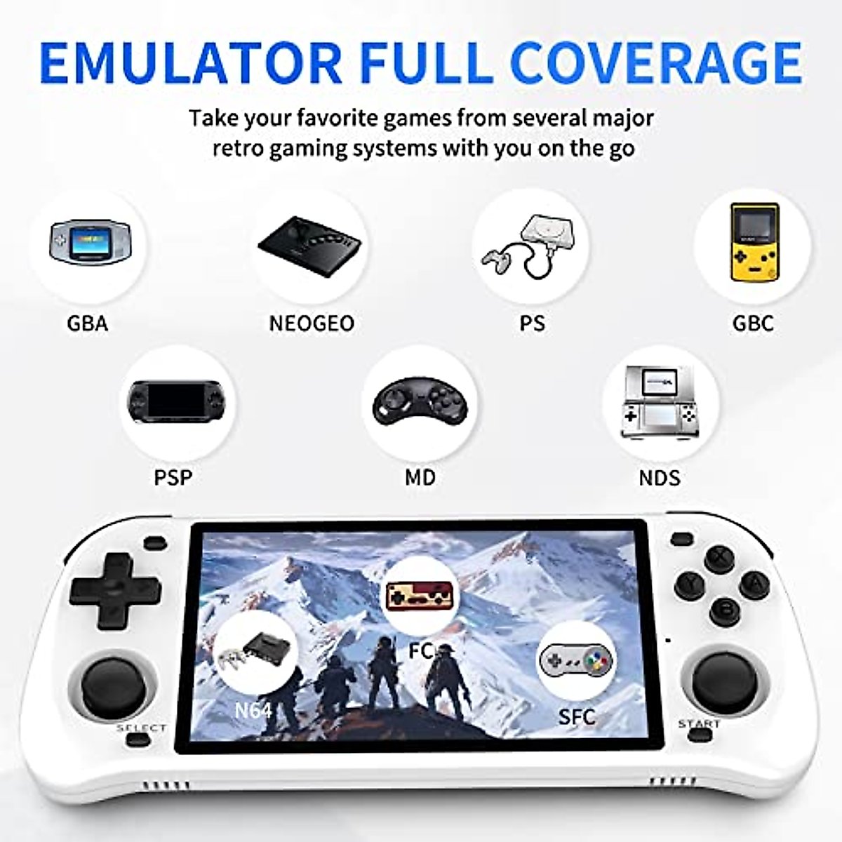 SERYUB RGB10 MAX 2 Video Game Console, 5 "IPS Screen Handheld Game System Multi-Emulator 10000 Games, Retro Game Console Built-in Game 64G, (White) Plus Free toughened Film and Box