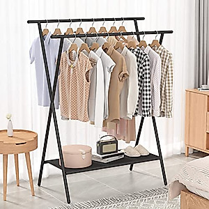 Laiensia Double Rods Clothing Racks for Hanging Clothes,Portable Clothing Hanging Garment Rack with Bottom Oxford Cloth Shelves,Black