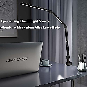 Arteasy LED Desk Lamp, Desk Light for Home Office, Dual Light Source, Eye-Caring Optical Lens, 5 Color Modes & Brightness, Swing Arm Office Lamp, Clamp Lamp with Timer/Memory Function, 18 W(Black)