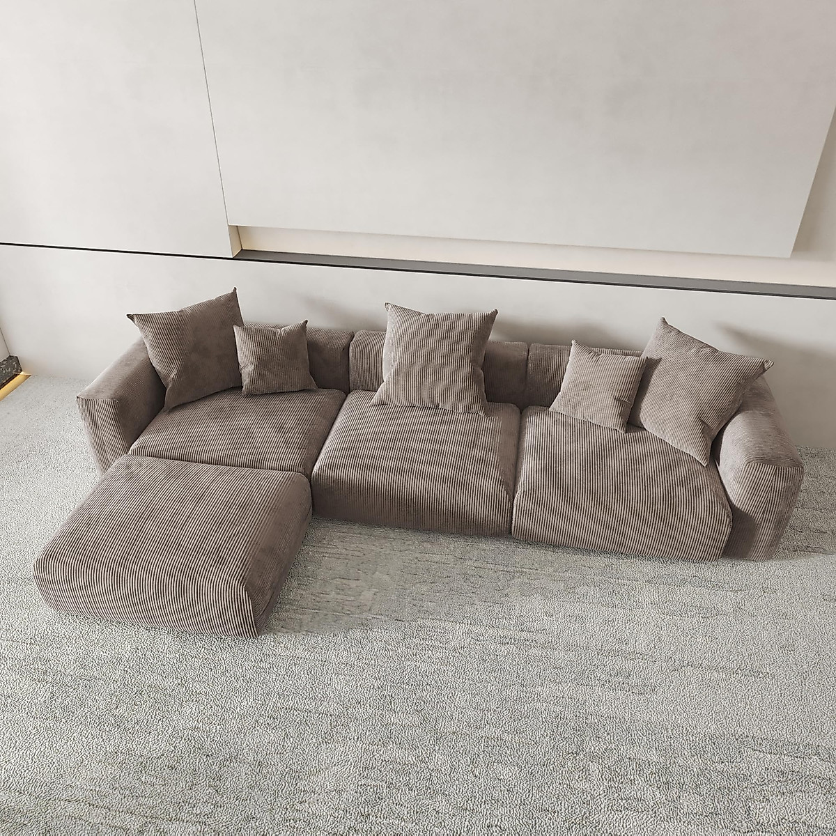 Sdorens 141.73" Modular Sectional Sofa, L Shaped Sofa Couch with Ottoman, Corduroy Fabric Brown Sofa Couch with 5 Pillows, Oversized Sofa Set for Living Room