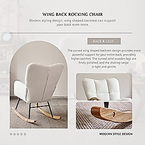 Ljirnt Nursery Rocking Chair, Teddy Fabric Upholstered Glider Rocker with High Backrest, Modern Rocking Accent Chairs Comfy Side Chair for Nursery, Bedroom, Living Room (Ivory)