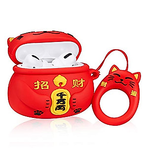 Coralogo Case for Airpods Pro 2019/Pro 2 Gen 2022 Cute,3D Animal Character Silicone Cartoon Airpod Skin Funny Fun Cool Keychain Design Kids Teens Girls Boys Cover Cases Air pods Pro (Red Lucky Cat)