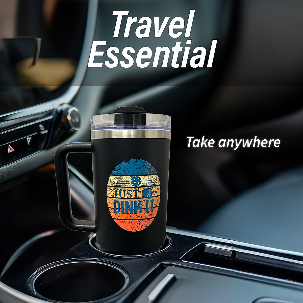 ReLIVE Pickleball Insulated 40oz Stainless Steel Tumbler Cup with Lid, Straw, and Handle, Drink, Tea, and Coffee Travel Mug - Black