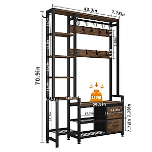 WODRAWER Hall Tree for Entryway 43", Bench with Shoe Storage, Large Coat Rack Shoe Bench with 5 Tier Shelves, 5 in 1 Design Front Door Shoe Rack and Wall Rack Hooks, and 2 Drawers (Rustic Brown)