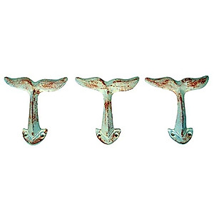 Rustic White Cast Iron Whale Tail Wall Hooks, 4 1/2 Inches, Set of 3