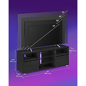 VASAGLE TV Stand with LED Lights for TVs up to 70 Inch, Entertainment Center with Open Glass Shelves, 2 Cabinets with Doors, 63-Inch Long, TV Console for Bedroom Living Room, Black ULTV330T21