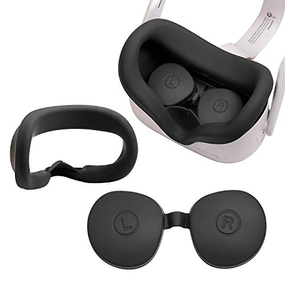Devansi VR Silicone Face Cover with Lens Cover for Oculus Quest 2 Sweat-Proof Face Pad Eye Pad Washable Face Cushion Light-Proof (Black)
