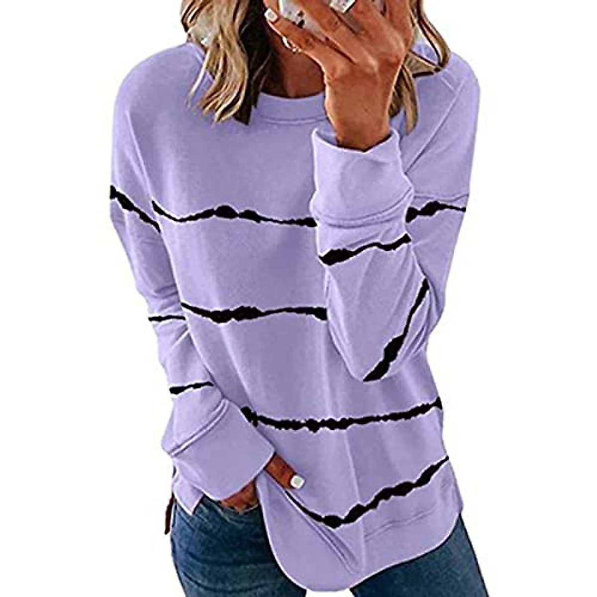 Ceboyel Womens Crew Neck Sweatshirt 2023 Striped Color Block Blouese Shirts Long Sleeve Pullover Tops Fall Fashion Clothes Womens Hoodies Pullover Trendy Purple M
