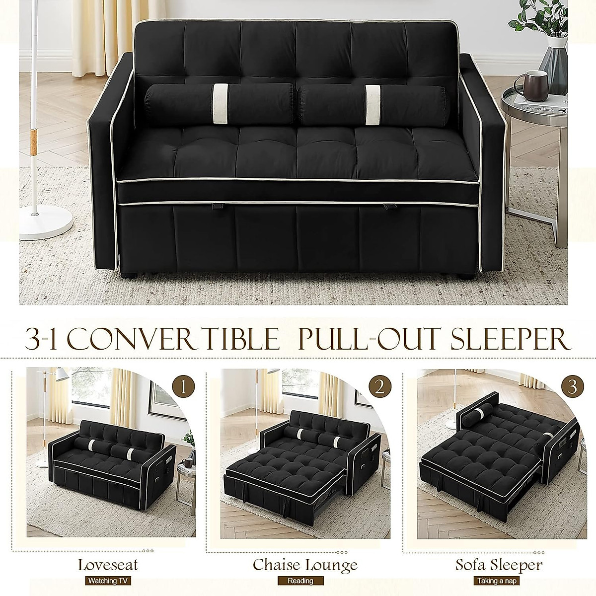 GEEVIVO Pull Out Sofa Bed, 55.5" Loveseat Sleeper Sofa Bed, with Side Pocket Storage, Adjustable Backrest and Waist Pillow, Suitable for Small Space, Living Room, Bedroom, Office(Black)