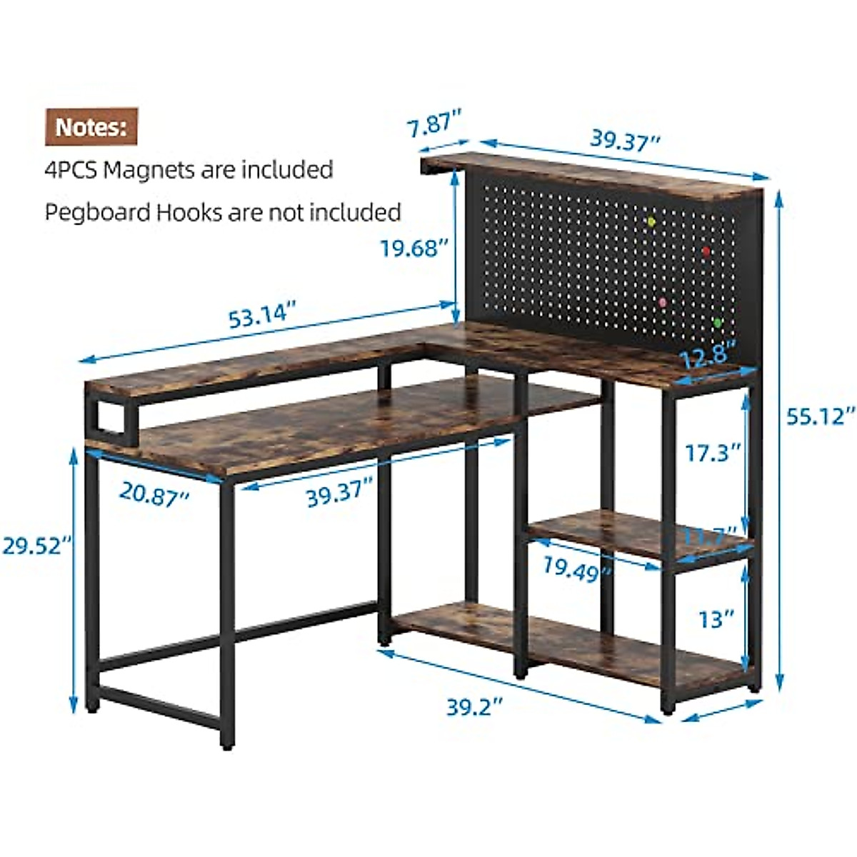 TIYASE L Shaped Desk with Hutch and Pegboard Organizer, 53 Inch Corner Computer Desk with Storage Shelves and Monitor Stand, Large Study Writing Workstation Table for Home Office, Rustic Brown