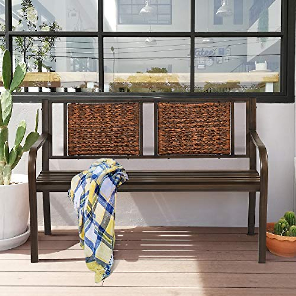 Safstar Outdoor Bench Seat, Metal Garden Bench with Elegant Rattan Backrest & Curved Armrest, 2-Person Loveseat for Front Porch Entry Way Patio Garden, Patio Garden Bench Park Bench Porch Bench