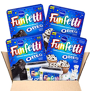 Pillsbury Funfetti Oreo Cake Mix, Brownie Mix, and Frosting Variety Pack, Pack of 6, Chocolate and Vanilla Cake Mix, Chocolate Brownie Mix, Vanilla Frosting