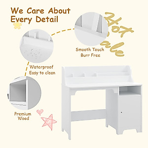 Kids Desk and Chair Set,Study Desk for Kids with Hutch, Storage Cabinet, Wooden Children Study Table, Student Writing Desk Computer Workstation for Kids Bedroom & Study Room,White