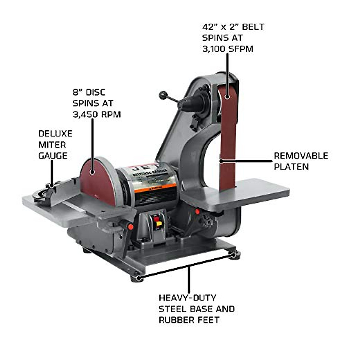JET J-41002, 2" x 42" Belt and 8" Disc Sander, 1Ph 115V (577004)