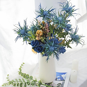 LUZOGA 3 Branch Blue Artificial Thistle Flower Bouquet for Home Wedding Centerpiece Kitchen Office Garden Decor