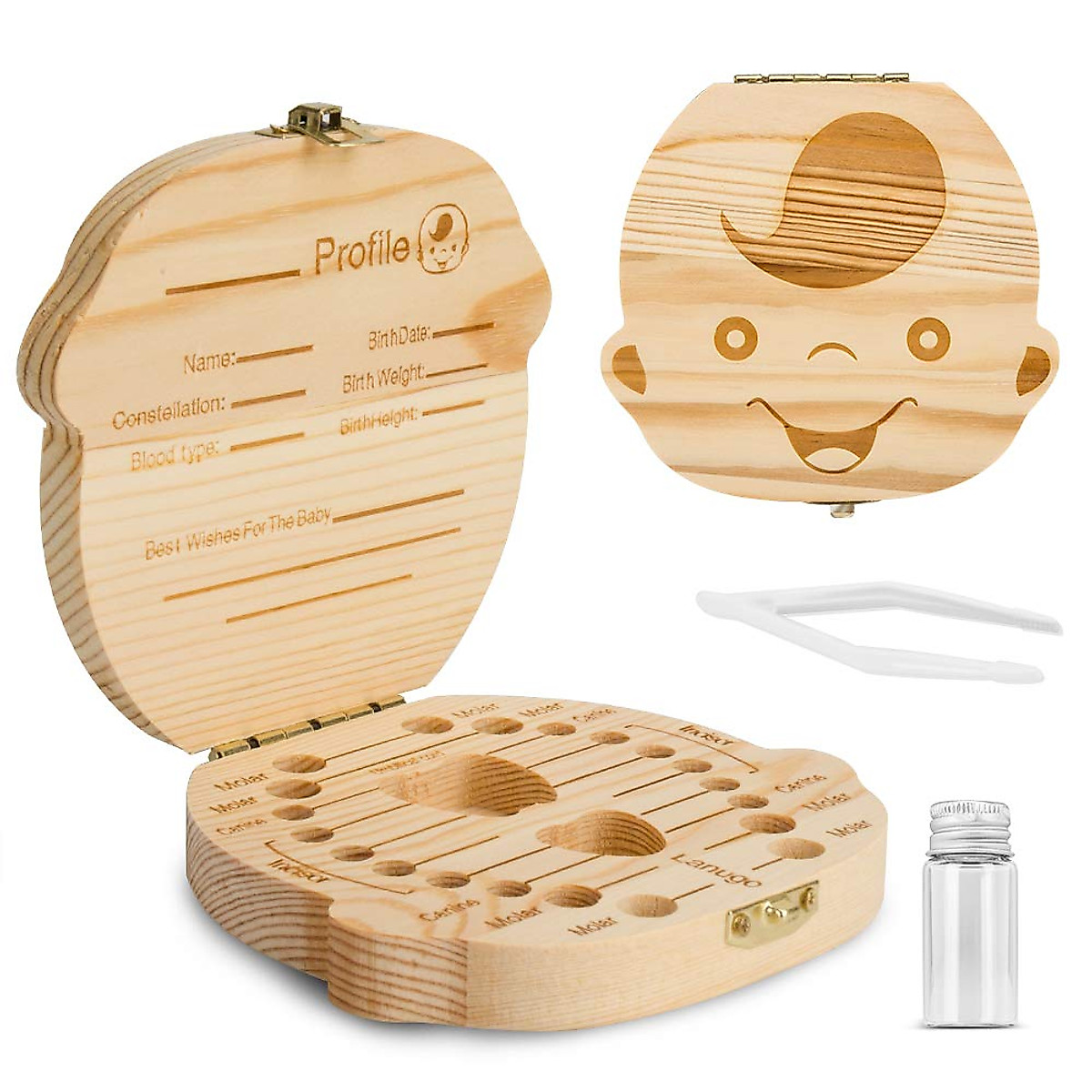 Baby Tooth Box ,Wooden Kids Keepsake Organizer for Baby Teeth, Cute Children Tooth Container with Tweezers and lanugo Bottle to Keep the Childhood Memory (Boy)