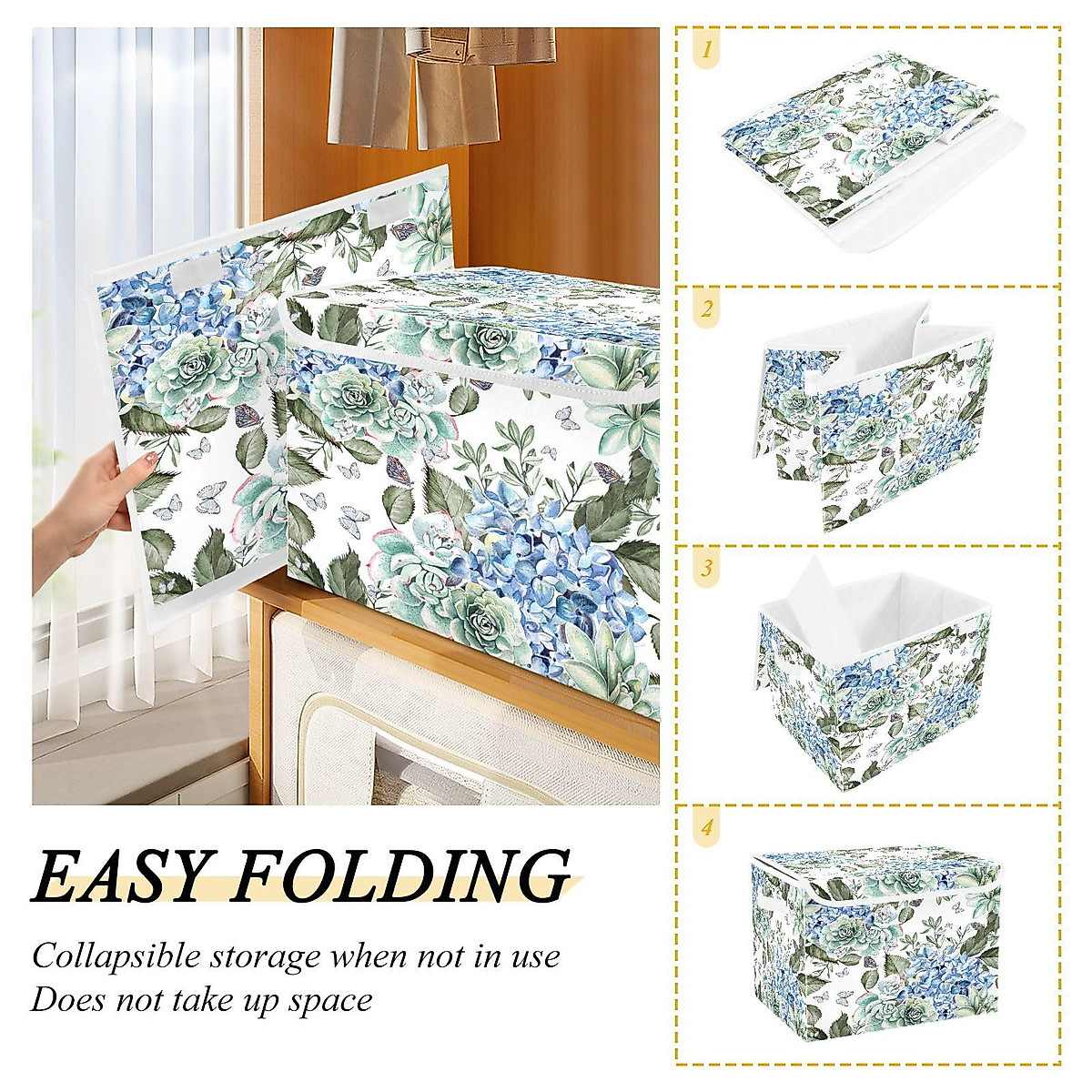 ALAZA Floral Flowers and Leaves Storage Bins with Lids,Fabric Storage Boxes Baskets Containers Organizers for Clothes and Books