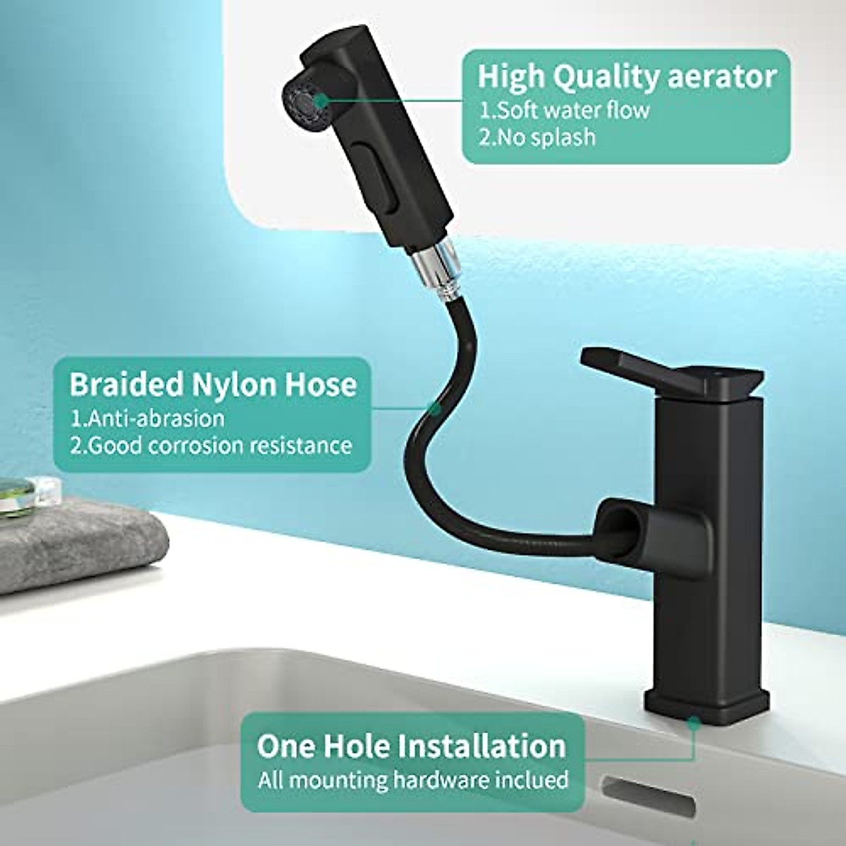 HEROBAI Single Hole Bathroom Faucet, Single Handle Modern Pull Out Bathroom Sink Faucet with 3 Water Flow Modes, Fountain Bathroom Faucets with Sprayer (Black, Regular)