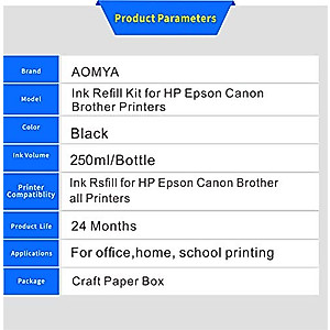 Aomya Black Ink Refill Kit 250ml Universal Dye Bulk Ink for Canon HP Epsn Brother Inkjet Printers Refillable Cartridge CISS CIS System (9 oz) with Syringe&Glove