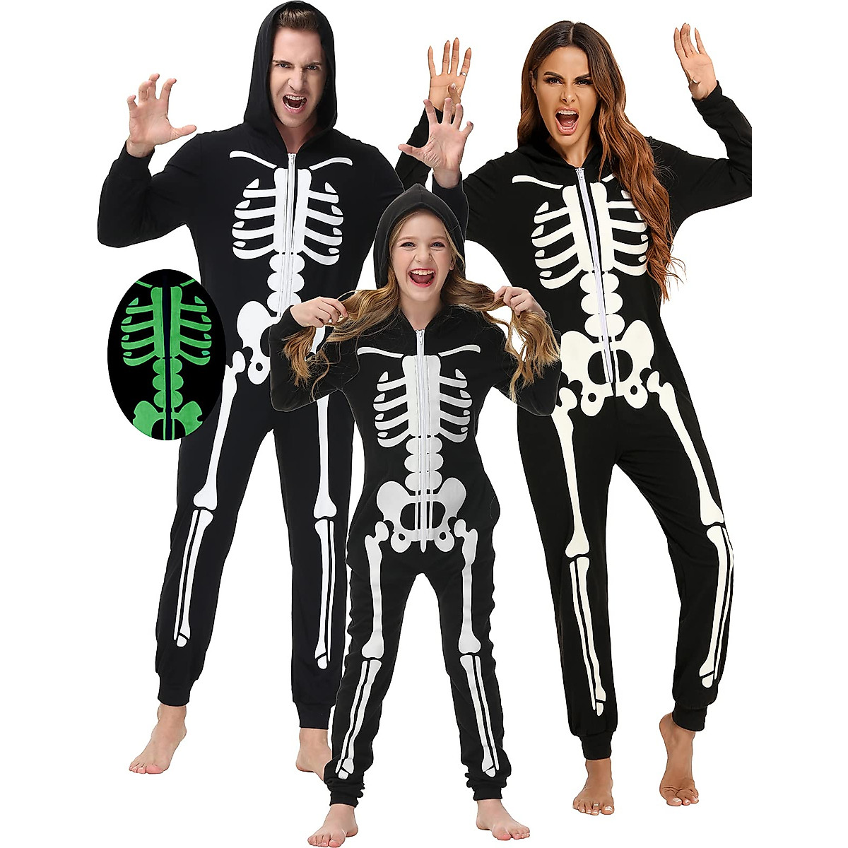 Veseacky Novelty Adult Glow in The Dark Skeleton Zipper Jumpsuit Pajamas for Family Long Sleeve Rompers Hooded with Pockets XX-Large