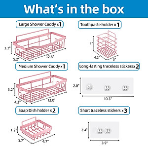 Youvip Pink Shower Caddy, Shower Organizers [5-Pack], Rustproof Bathroom Shower Shelves for Inside Shower, Adhesive Shower Caddy with Soap Caddy & Toothbrush Holder No Drilling