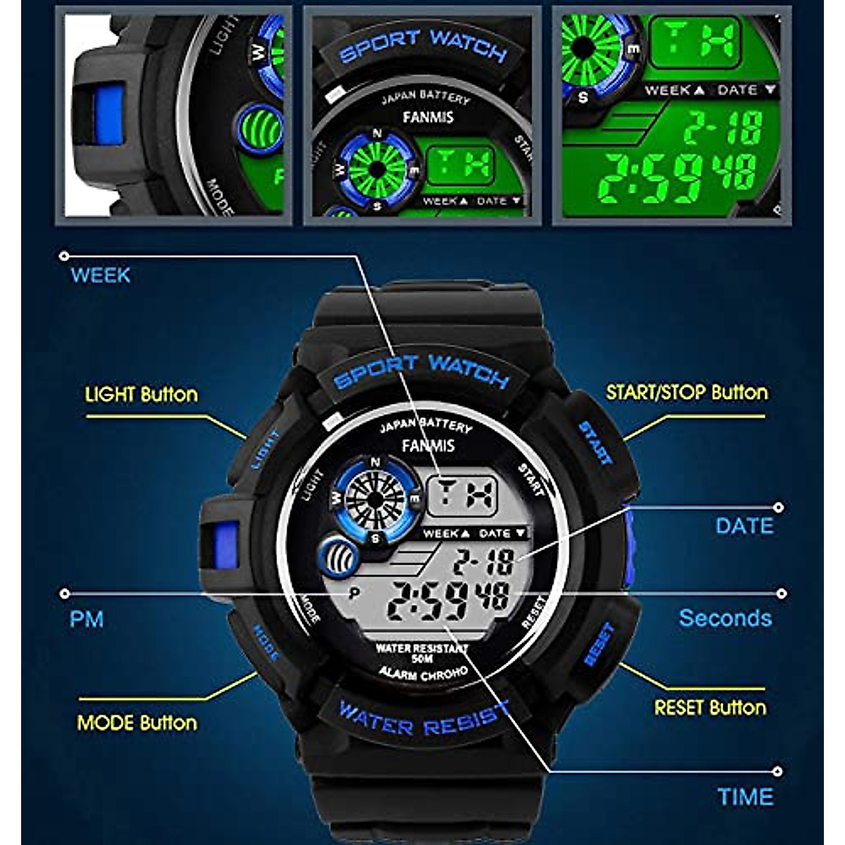 FANMIS Mens Military Multi Function Tactics Digital LED Sports Watch Large Face Electronic Waterproof Alarm Quartz Outdoor Waterproof Watch (Blue)