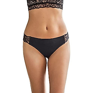 Leonisa Lace Side Seamless Thong Panty - Comfy No Show Underwear for Women Black