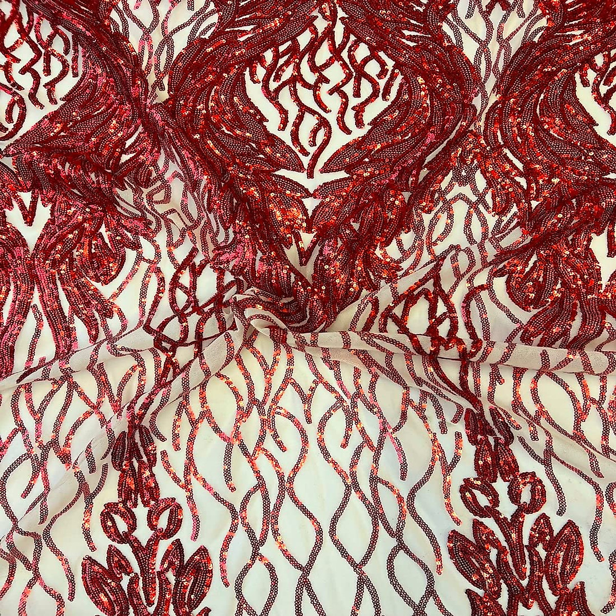 Fashion Fabrics LLC Red Lioness Stretch Sequins Couture Prom Dress Lace Fabric - Sold by The Yard