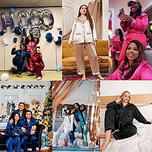 SWOMOG Women Plus Size Long Sleeve Pajamas Silk Satin Pajama Sets Button Down Sleepwear Pjs Loungewear with Pockets Black