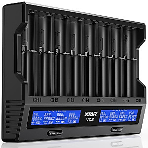8 Bays Charger USB C Battery Charger XTAR VC8 Type C 3A Fast Charger 8-Bay Smart Charger LCD Display for 3.6V 3.7V Li-ion 1.2V Ni-MH C (Package Not Including Battery)