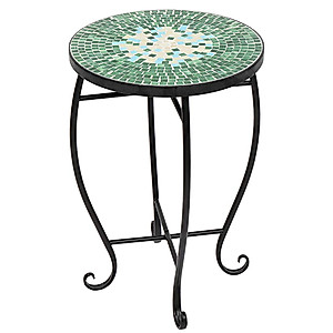 yzohu Birsppy Amuro Mosaic Accent Table Round Side Table, Wrought Iron Stained Glass Patio Flower Stand Outdoor Coffee End Table, Indoor Outdoor for Patio Lawn Garden Home (Green Surface)
