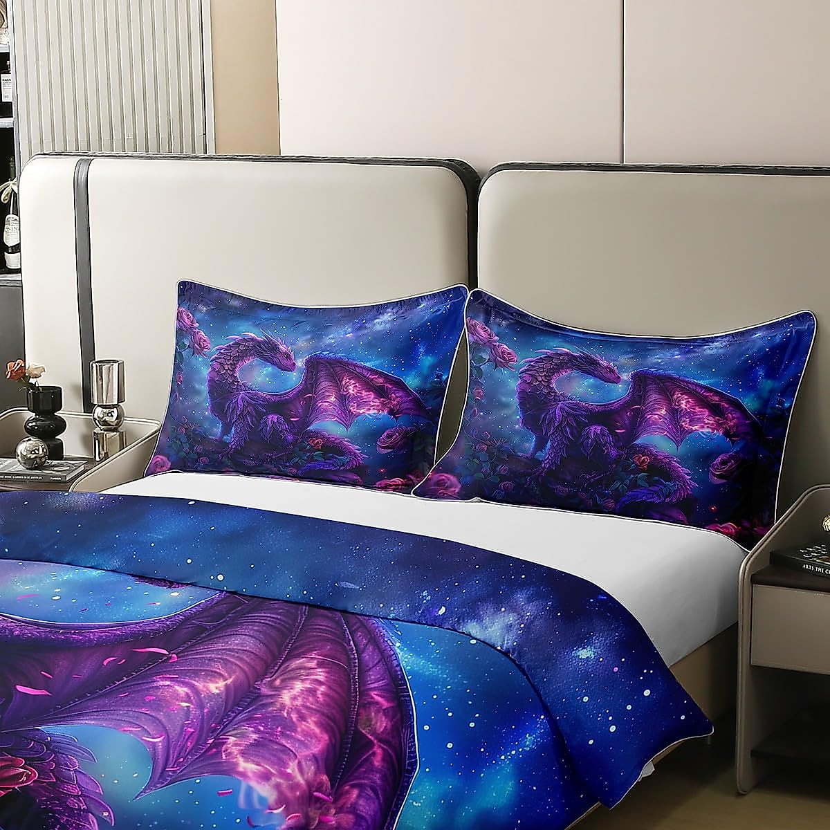 Erosebridal 100% Cotton 3D Dragon Duvet Cover Twin Size, Animals Starry Sky Printed Comforter Cover, Flowers Safari Bedroom Decor Bedding Set for Bed, Purple Blue Wildlife Kids Boys Quilt Cover