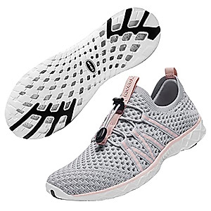 KOLILI Womens Aqua Shoes for Water Aerobic, Quick Drying Water Hiking Shoes, Breathable Slip on Water Shoes with Arch Support for Beach Swimming/Walking Gray/Pink Size 8
