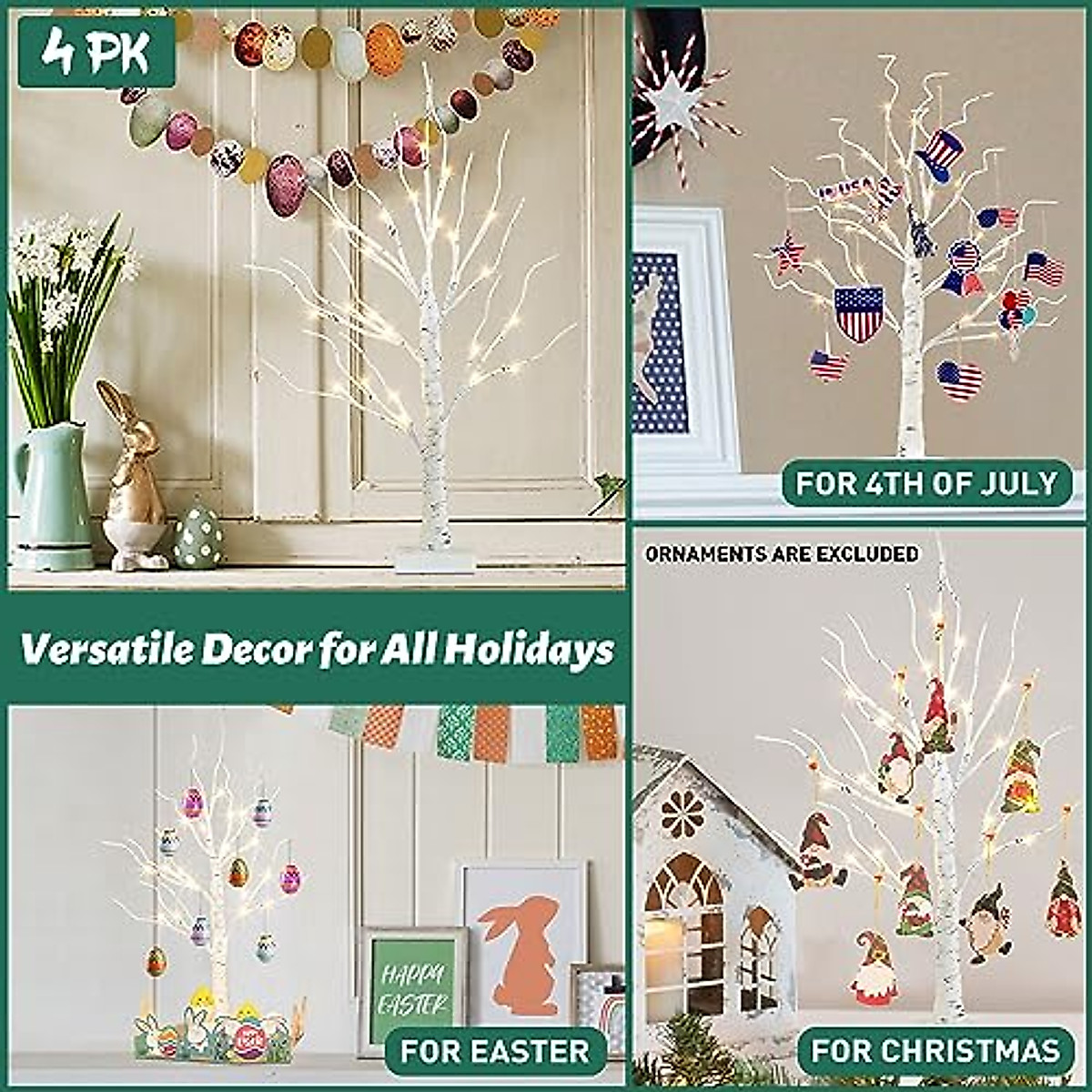 PEIDUO Christmas Tree, Christmas Table Decorations, 2FT Birch Tree with LED Lights, Warm White Tree Lamp, Fairy Light Spirit Tree for Xmas Room Inside Mantel Decor, Battery Powered, 6H/18H Timer (4PK)