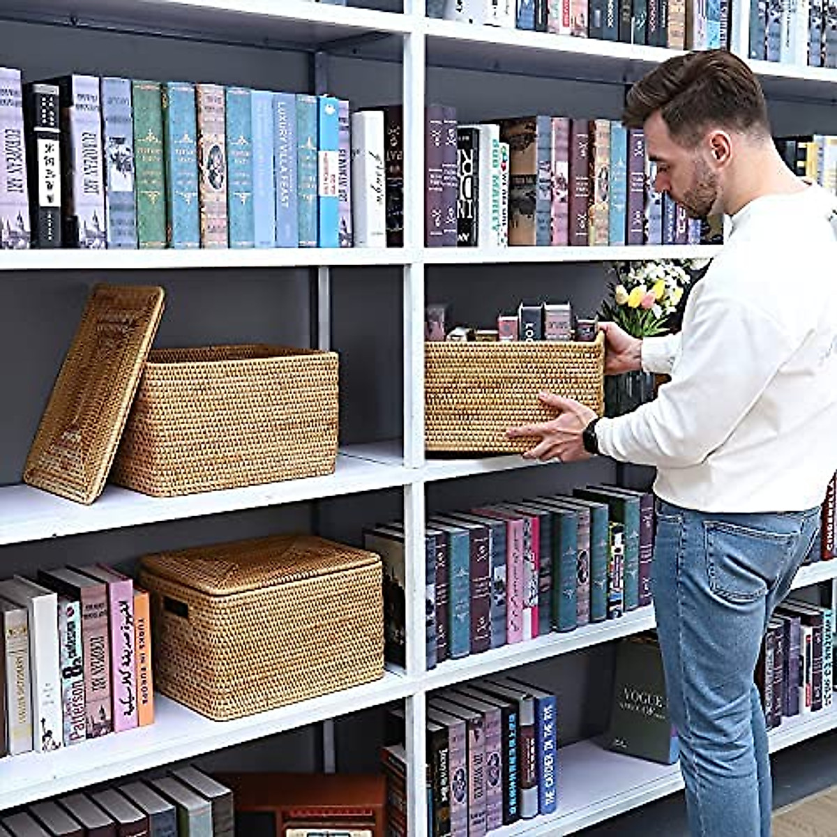 FIYAMMY Rattan Basket With Lid, Large Lidded Basket For Storage Rattan Box(15.3" L×11.4"W×9.5"H)