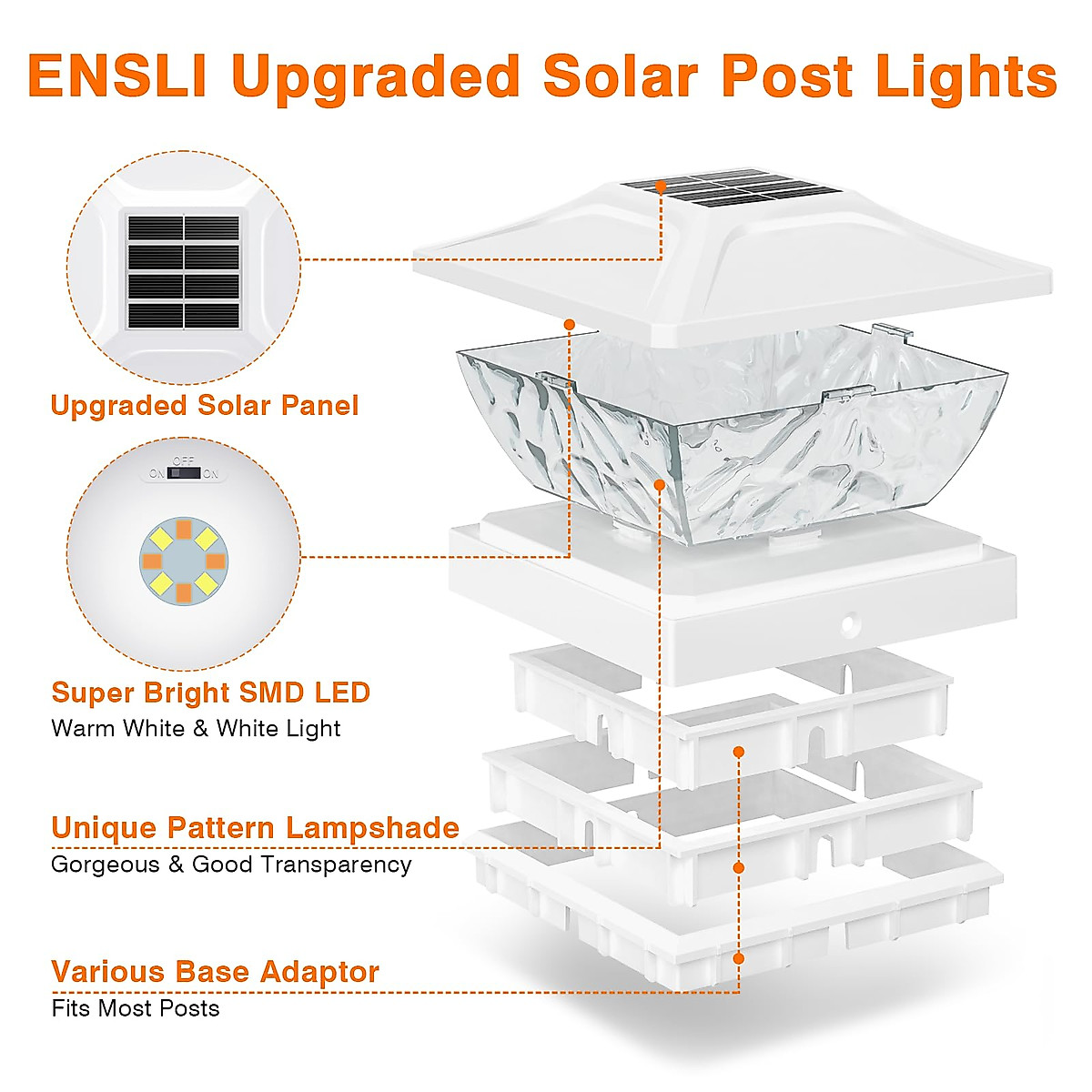 ENSLI Solar Post Cap Lights 6 Pack, 2 Mode Bright Solar Post Lights Outdoor Waterproof Fence Post Cap Lights, Outdoor Post Lights Solar Powered Deck Lights for 4x4 4.5x4.5 5x5 Posts in Garden Decor
