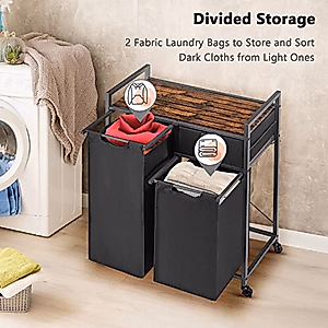 Unovivy Double Laundry Hamper with Drawer, Laundry Basket with 2 Removable Laundry Sorter Bags, Oxford Fabric, Metal Frame, Clothes Hamper for Bathroom, Dorm, Laundry Room (Rustic Brown)