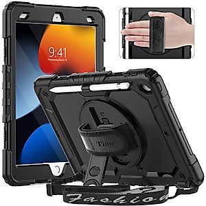 Timecity Case for iPad 9th/ 8th/ 7th Generation 10.2 inch - Heavy Duty Protective Cover with Screen Protector, Rotating Stand, Shoulder Strap & Pencil Holder | Kids-Friendly (Black)
