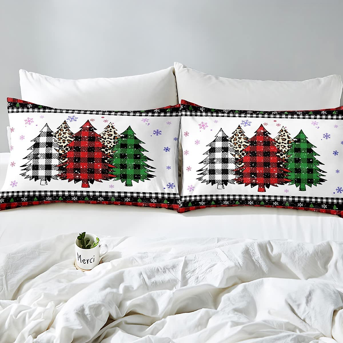 Christmas Snowflake Kids Duvet Cover Set King Size,Plaids Leopard Pine Tree Bedding Set,Girls Boys Adults Room/Xmas Cabin Decor,Holiday Rustic Comforter Cover,Red Black Quilt Cover,3pcs,2 pillowcases